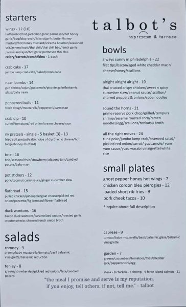 Menu - Talbot's Taproom & Terrace - Mercer, Pennsylvania